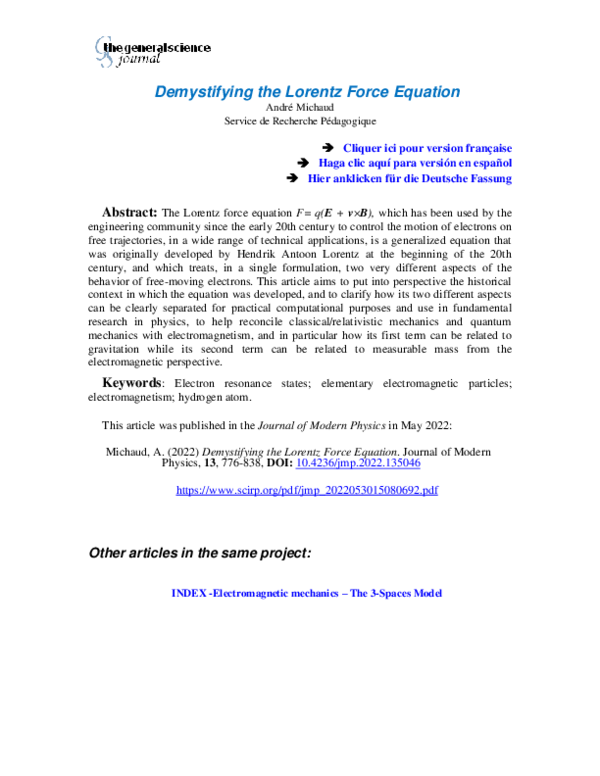 (PDF) Demystifying the Lorentz Force Equation