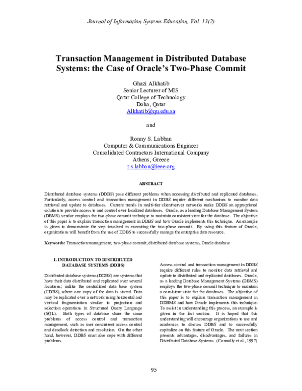 Pdf Transaction Management In Distributed Database Systems The Case Of Oracles Two Phase Commit