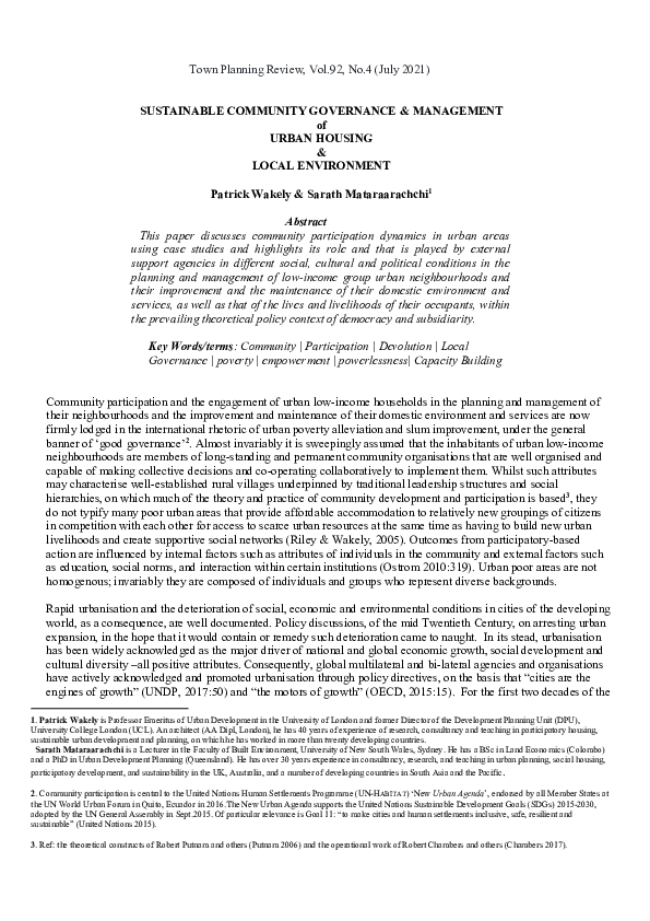 (PDF) SUSTAINABLE COMMUNITY GOVERNANCE & MANAGEMENT of URBAN HOUSING ...