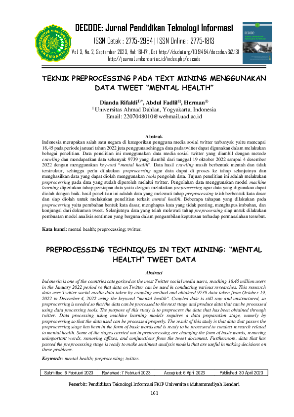 (PDF) Teknik Preprocessing Pada Text Mining Menggunakan Data Tweet “Mental Health”