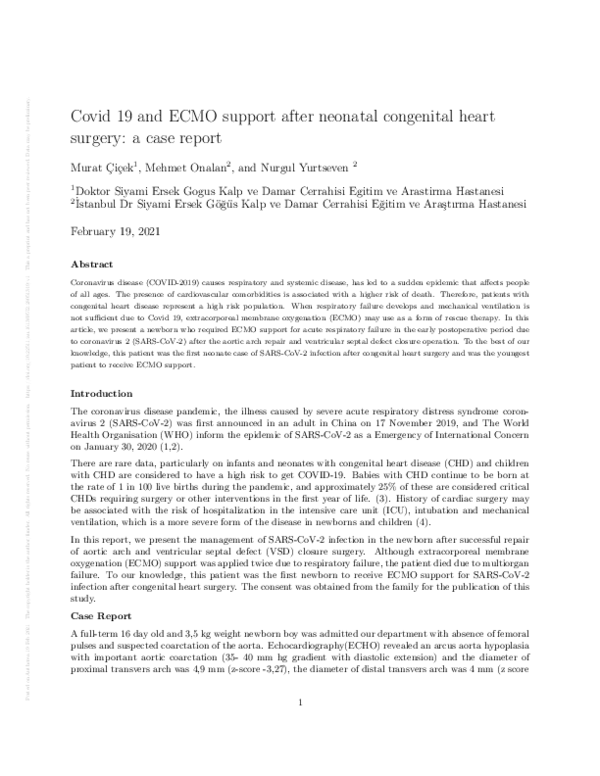 (PDF) Covid 19 and ECMO support after neonatal congenital heart surgery ...