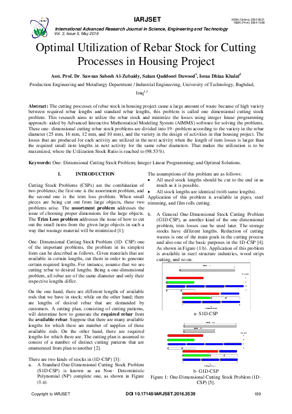 (PDF) Optimal Utilization of Rebar Stock for Cutting Processes in Housing Project