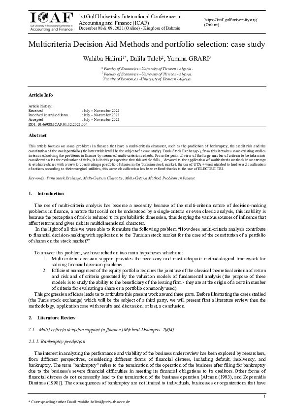 (PDF) Multicriteria Decision Aid Methods and portfolio selection: case study