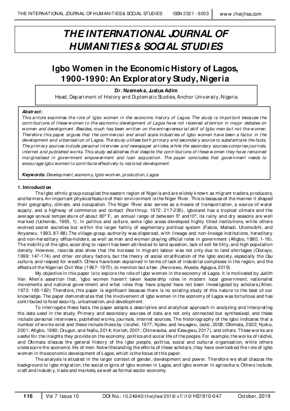 (PDF) Igbo Women in the Economic History of Lagos, 1900-1990: An ...