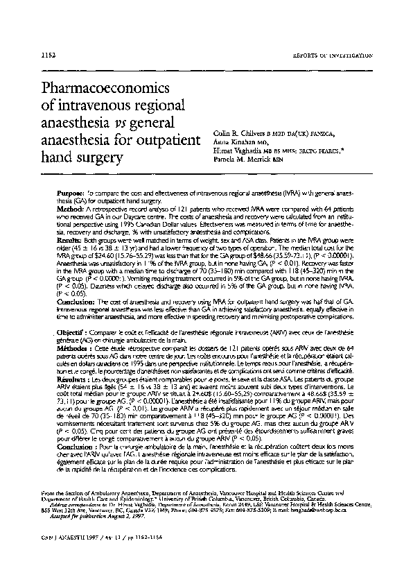 (PDF) Pharmacoeconomics of intravenous regional anaesthesiavs general ...