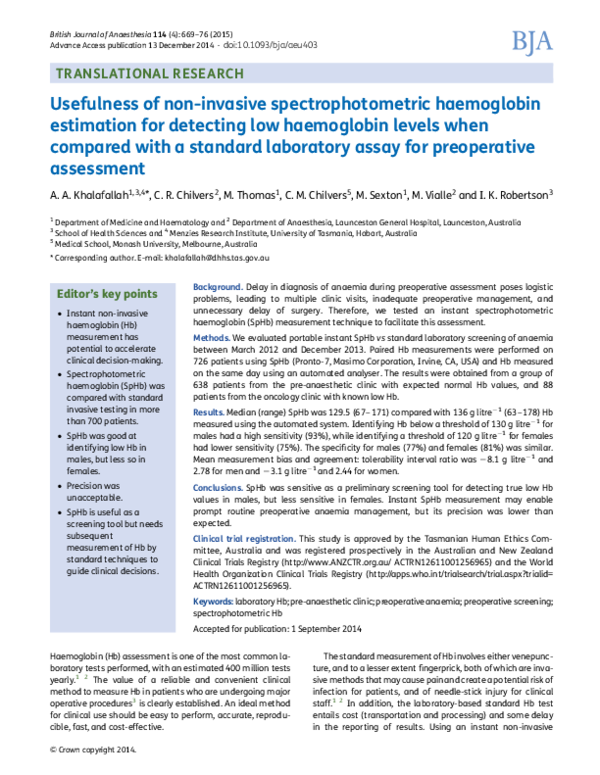 (PDF) Usefulness of non-invasive spectrophotometric haemoglobin ...