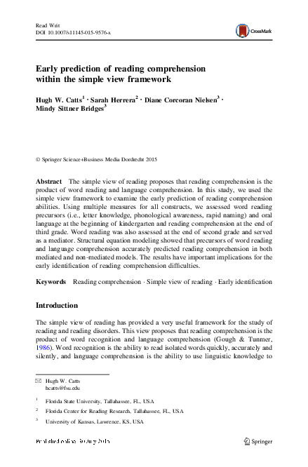 (PDF) Early prediction of reading comprehension within the simple view ...