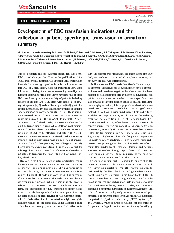 (PDF) Development of RBC transfusion indications and the collection of ...