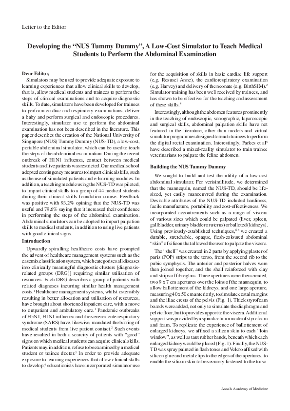 (PDF) Developing the “NUS Tummy Dummy”, A Low-Cost Simulator to Teach ...
