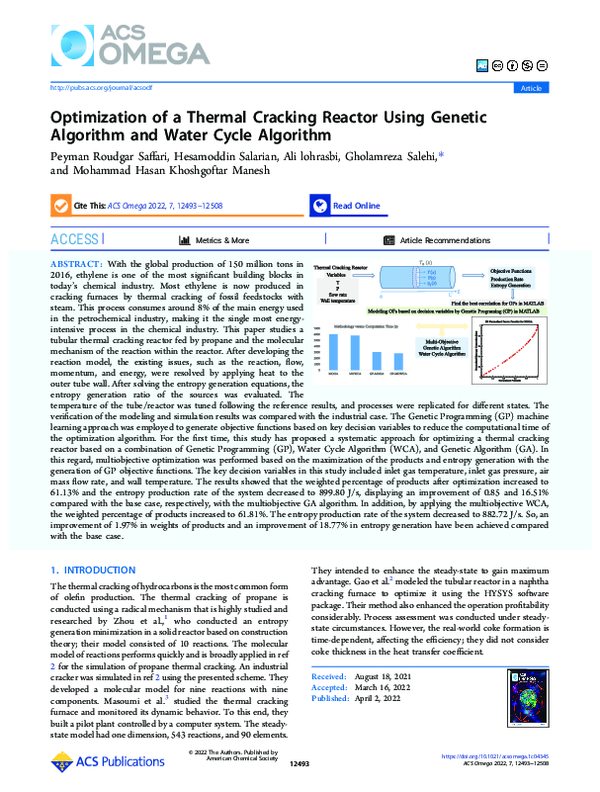 (PDF) Optimization of a Thermal Cracking Reactor Using Genetic Algorithm and Water Cycle Algorithm