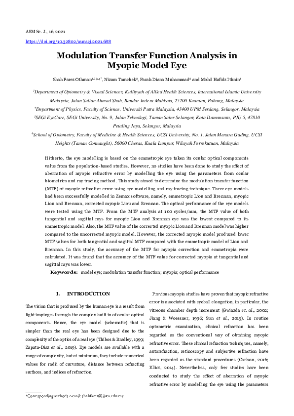 (PDF) Modulation Transfer Function Analysis in Myopic Model Eye