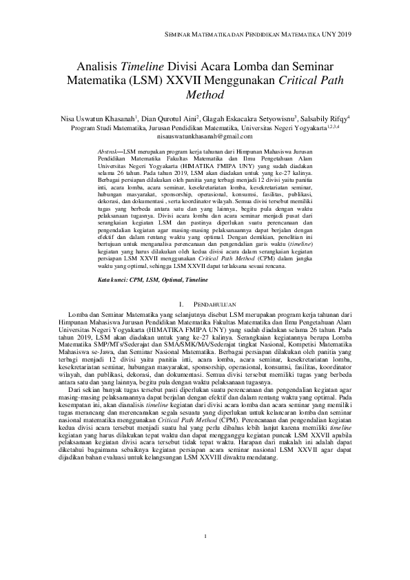 (PDF) Analisis timeline divisi acara Lomba dan Seminar Matematika (LSM) XXVII menggunakan ...