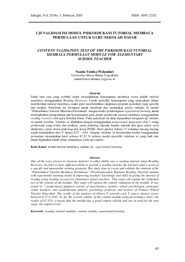 (PDF) Uji Validasi Isi Modul Psikoedukasi Tutorial Membaca Permulaan Untuk Guru Sekolah Dasar ...