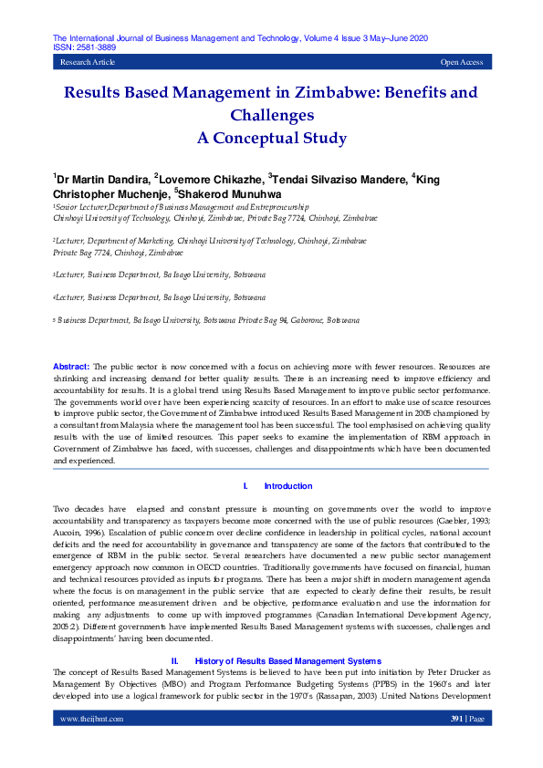 (PDF) Results Based Management in Zimbabwe: Benefits and Challenges A ...