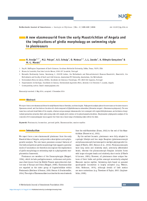 (PDF) A new elasmosaurid from the early Maastrichtian of Angola and the ...