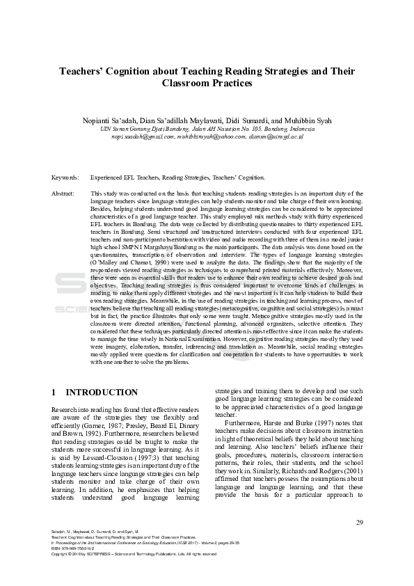 (PDF) Teachers’ Cognition about Teaching Reading Strategies and Their Classroom Practices