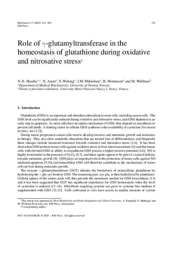 (PDF) Role of γ‐glutamyltransferase in the homeostasis of glutathione ...
