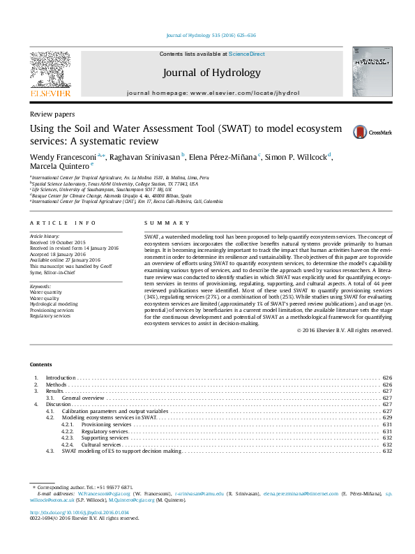 (PDF) Using the Soil and Water Assessment Tool (SWAT) to model ecosystem services: A systematic ...