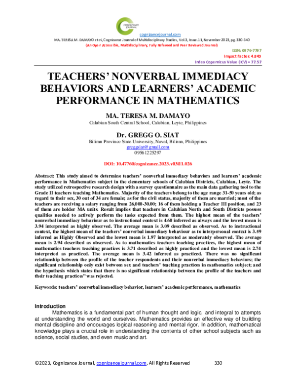 (PDF) TEACHERS’ NONVERBAL IMMEDIACY BEHAVIORS AND LEARNERS’ ACADEMIC ...