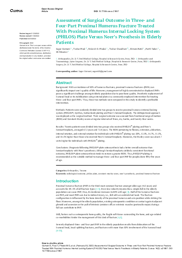 (PDF) Assessment of Surgical Outcome in Three- and Four-Part Proximal ...