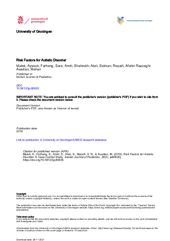 (PDF) Risk Factors for Autistic Disorder: A Case-Control Study