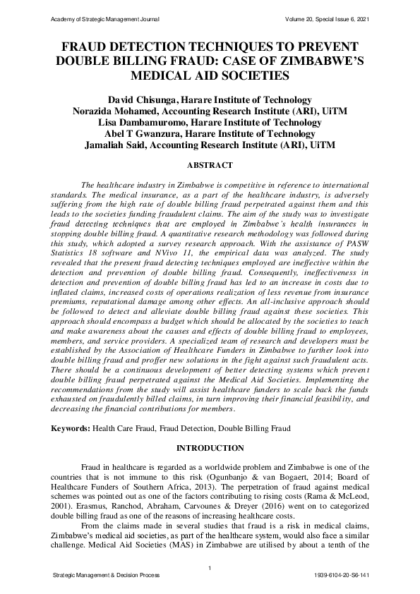 (PDF) Fraud Detection Techniques To Prevent Double Billing Fraud: Case ...