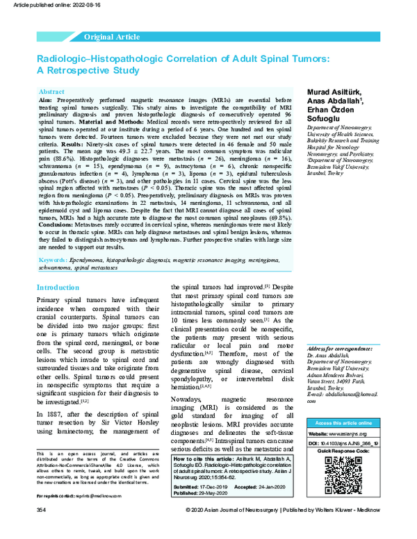 (PDF) Radiologic–Histopathologic correlation of adult spinal tumors: A retrospective study