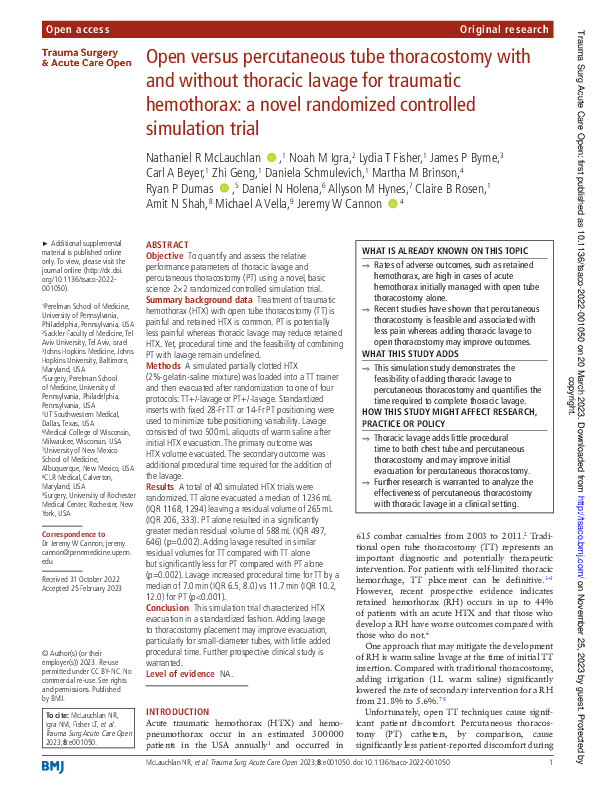 (PDF) Open versus percutaneous tube thoracostomy with and without ...