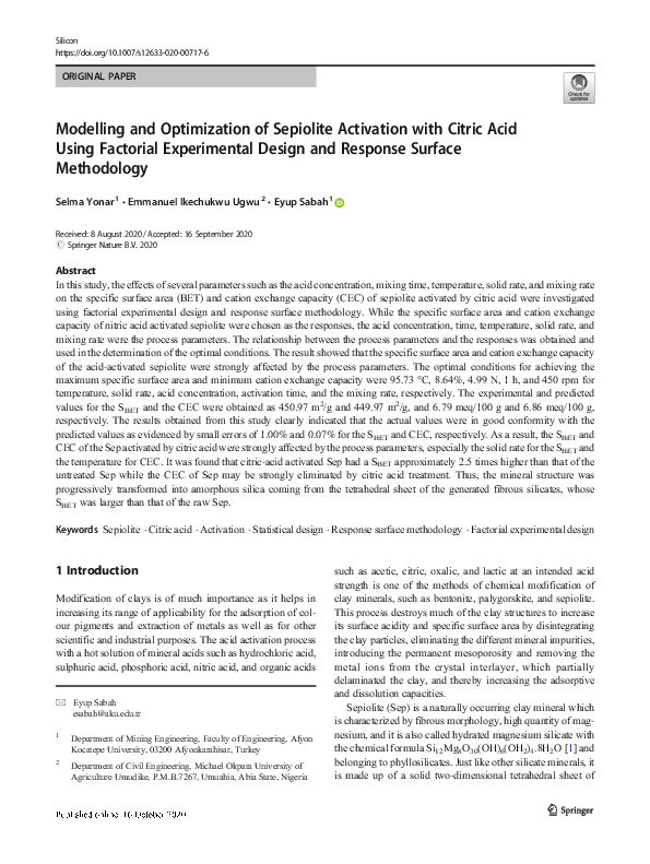 (PDF) Modelling and Optimization of Sepiolite Activation with Citric Acid Using Factorial ...