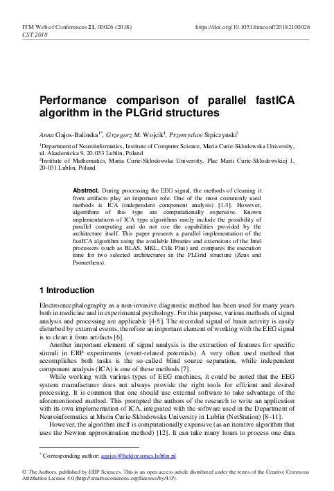 Pdf Performance Comparison Of Parallel Fastica Algorithm In The Plgrid Structures