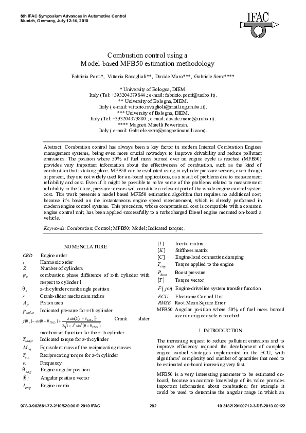 (PDF) Combustion control using a Model-based MFB50 estimation methodology