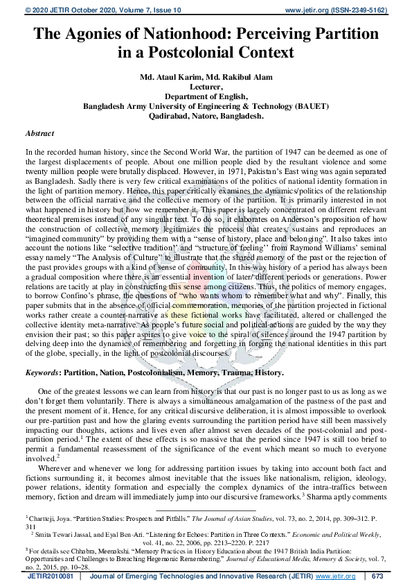 (PDF) The Agonies of Nationhood: Perceiving Partition in a Postcolonial ...