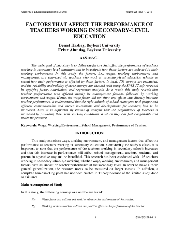 (PDF) Factors That Affect The Performance Of Teachers Working In Secondary Level Education