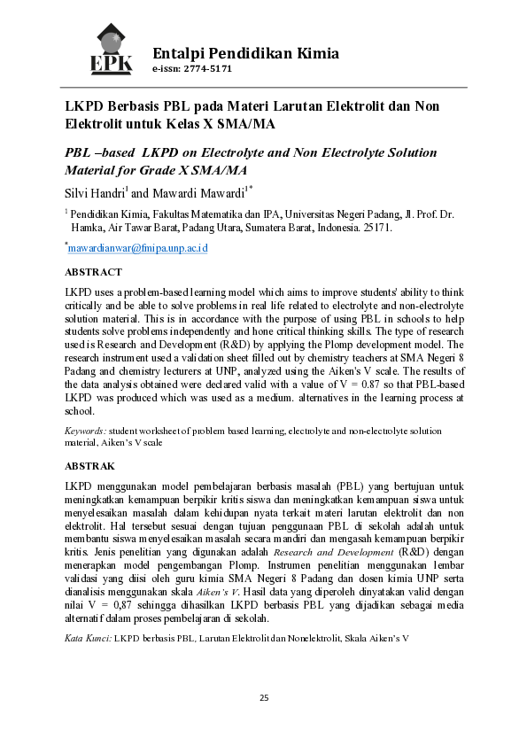 (PDF) LKPD Berbasis PBL pada Materi Larutan Elektrolit dan Nonelektrolit untuk Kelas X SMA/MA