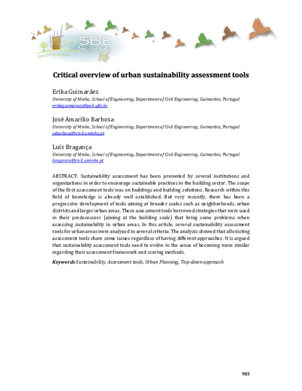 (PDF) Critical overview of urban sustainability assessment tools