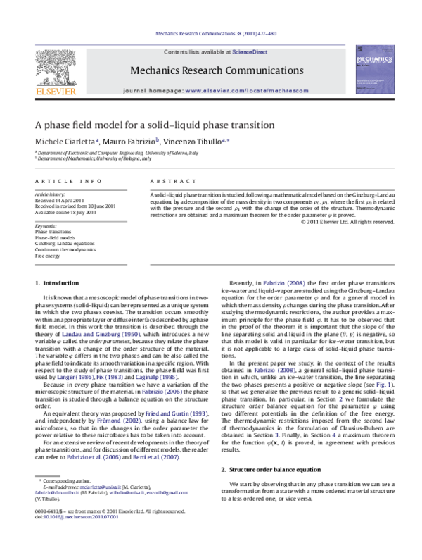 (PDF) A phase field model for a solid–liquid phase transition