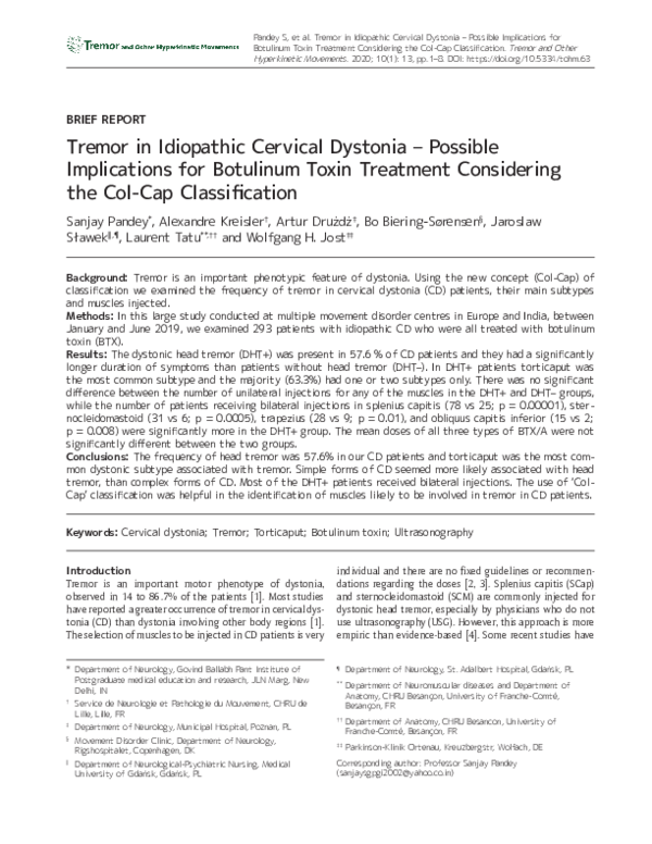 (PDF) Tremor in Idiopathic Cervical Dystonia – Possible Implications ...