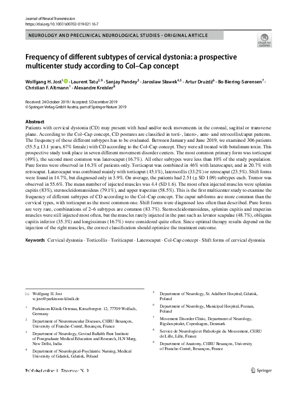 (PDF) Frequency of different subtypes of cervical dystonia: a ...