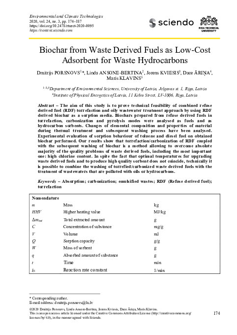 (PDF) Biochar from Waste Derived Fuels as Low-Cost Adsorbent for Waste ...