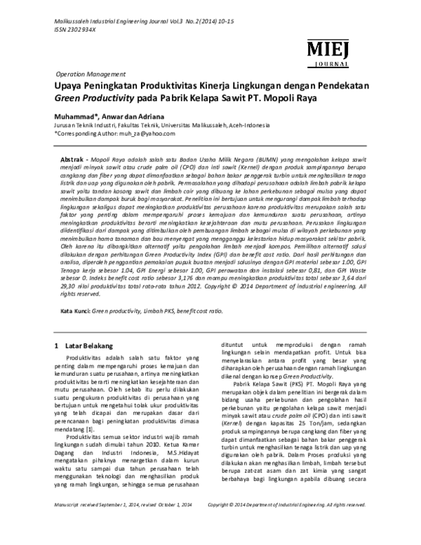 (PDF) Upaya Peningkatan Produktivitas Kinerja Lingkungan dengan Pendekatan Green Productivity ...