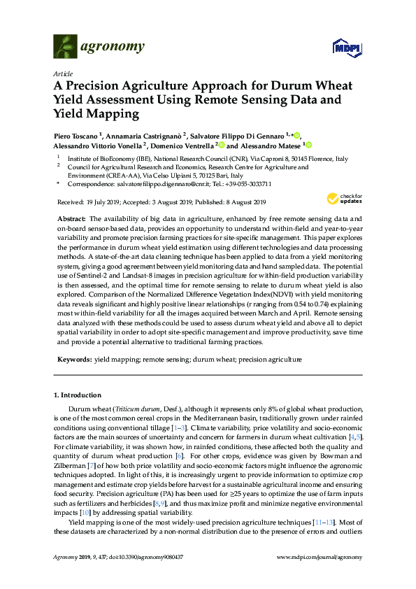 Pdf A Precision Agriculture Approach For Durum Wheat Yield Assessment