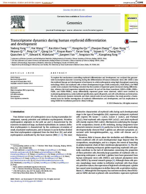 (PDF) Transcriptome dynamics during human erythroid differentiation and development