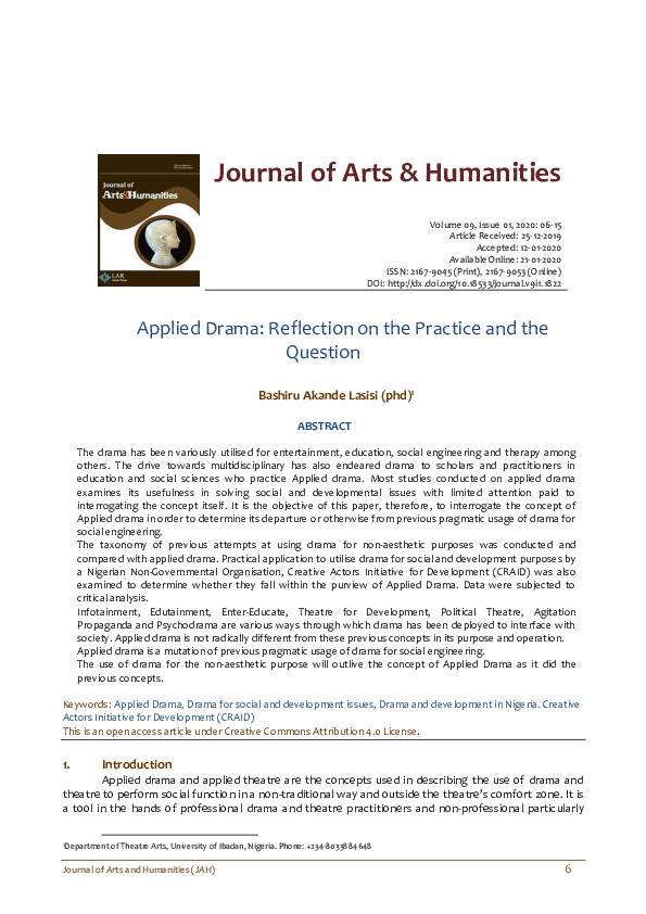 (PDF) Applied Drama: Reflection on the Practice and the Question