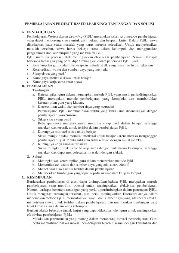 (PDF) PEMBELAJARAN PROJECT BASED LEARNING: TANTANGAN DAN SOLUSI