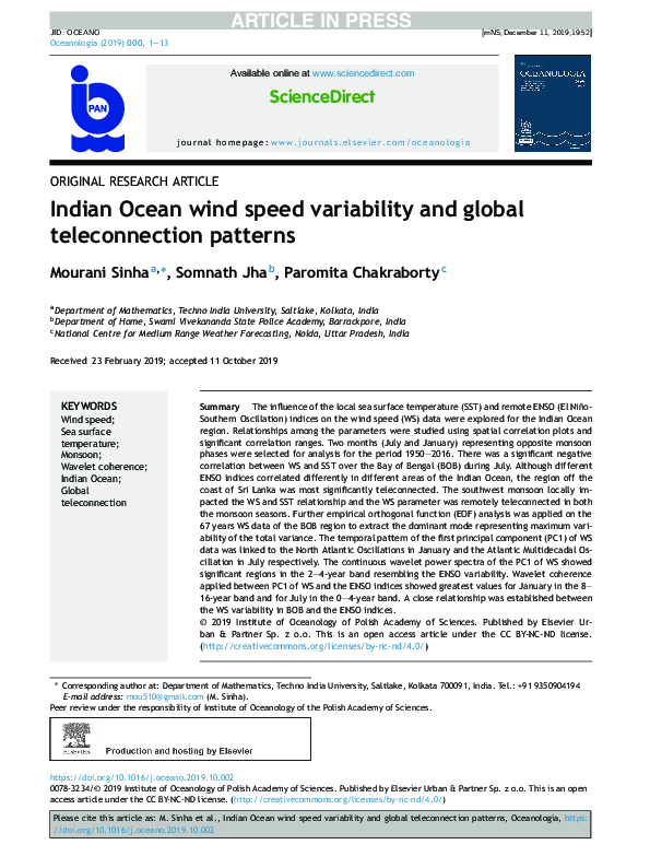 (PDF) Indian Ocean wind speed variability and global teleconnection ...