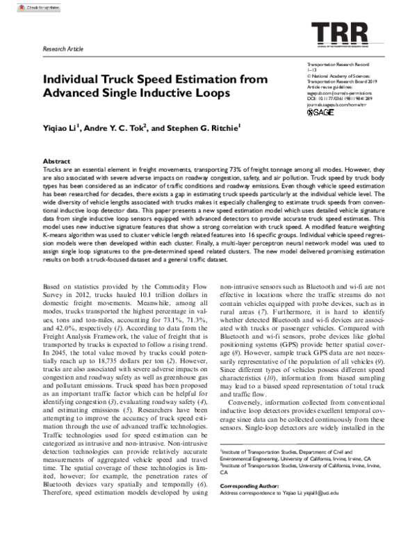 (PDF) Individual Truck Speed Estimation from Advanced Single Inductive Loops
