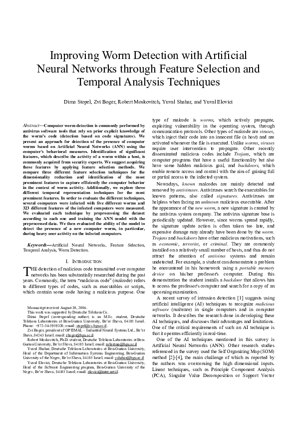 Pdf Improving Worm Detection With Artificial Neural Networks Through Feature Selection And