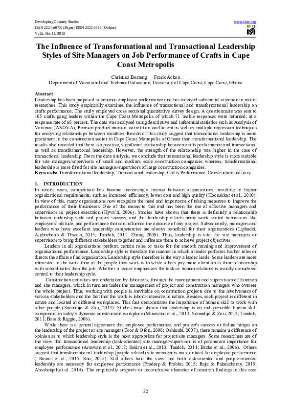 (PDF) The Influence of Transformational and Transactional Leadership Styles of Site Managers on ...
