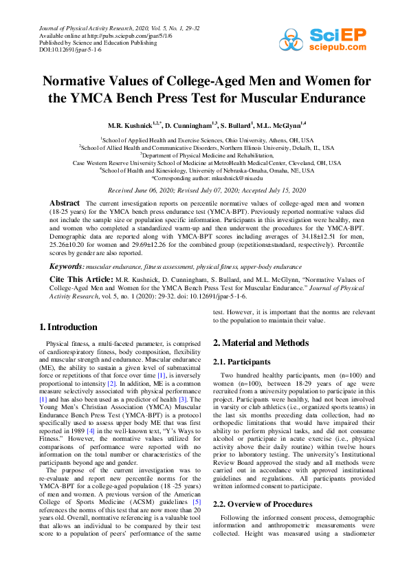 (PDF) Normative Values of College-Aged Men and Women for the YMCA Bench ...