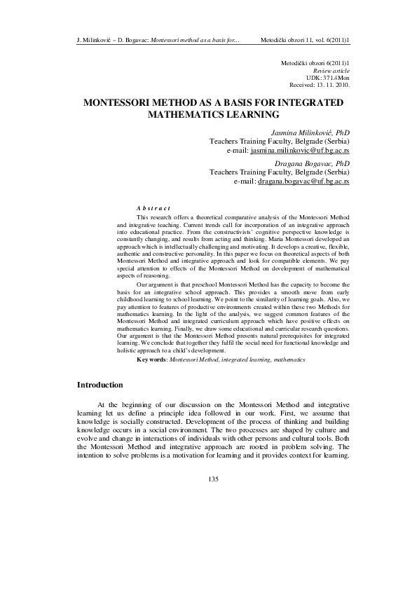 (PDF) Montessori Method as a Basis for Integrated Mathematics Learning